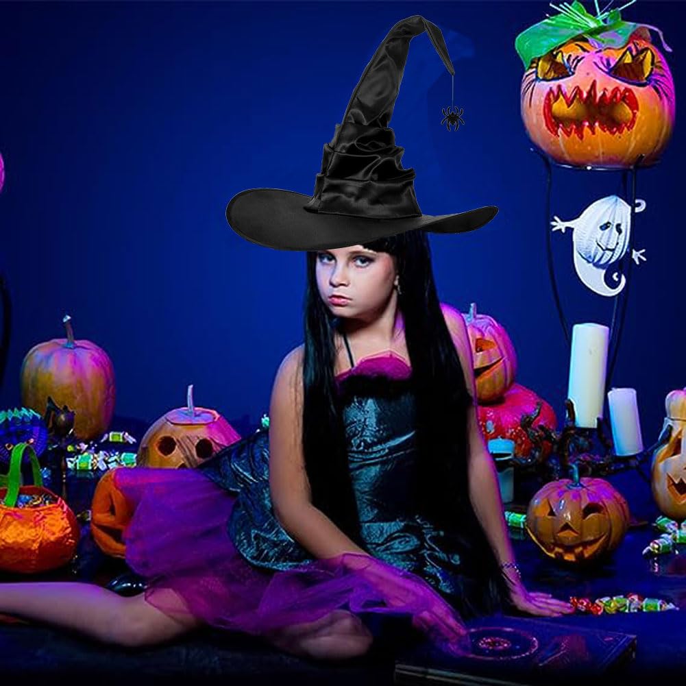 XGOPTS Halloween Women Witch Hat Black Ruched Crooked Wicked Witch Hat Devil Spider Wizard Hat for Costume Cosplay Party