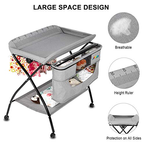 JOYMOR Portable Diaper Changing Station,Folding Baby Changing Table for Infant, Moblie Diaper Changing Table with Wheels, Large Storage Basket & Shelf Portable Nursery Organizer (Grey)