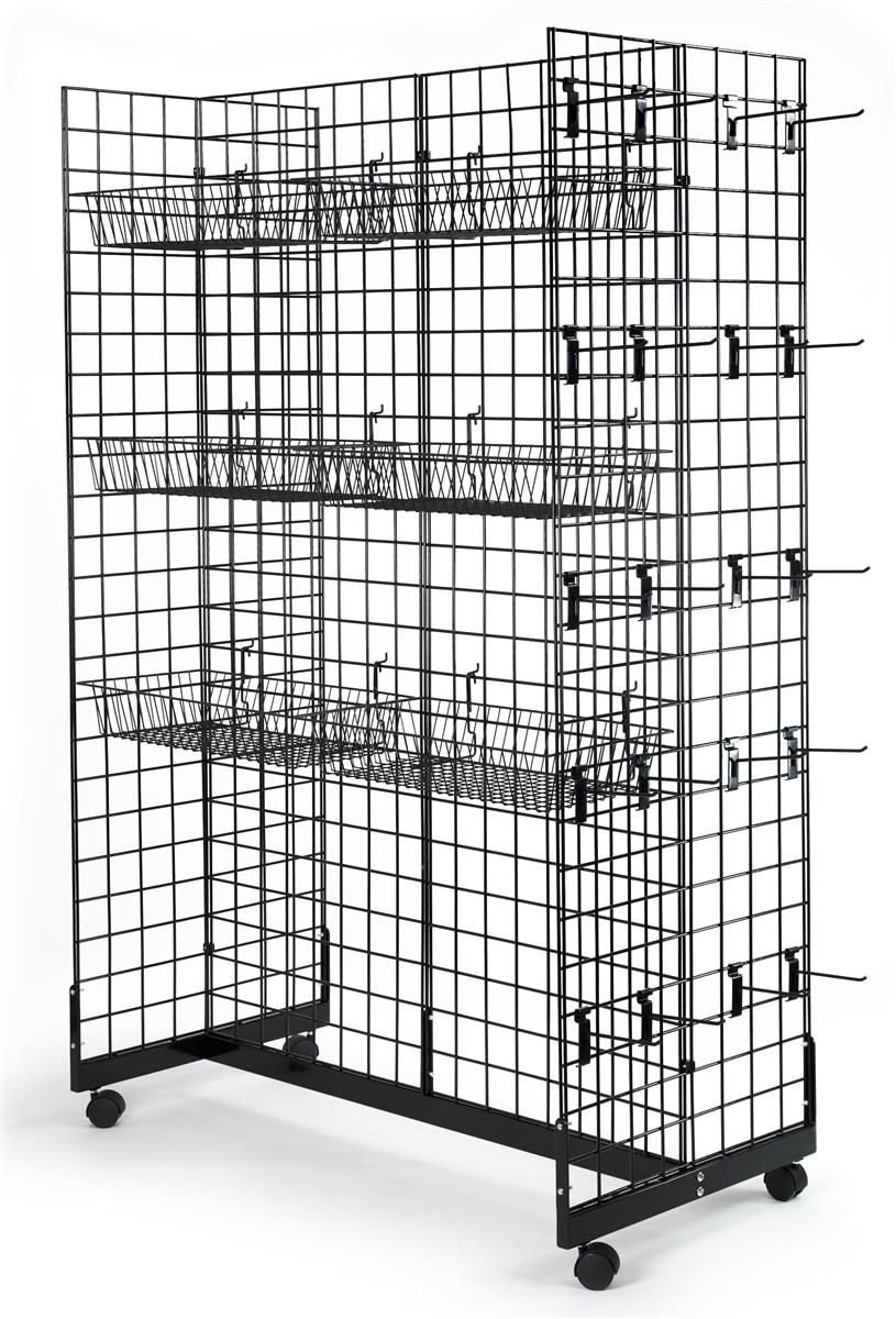 Only Hangers Gridwall Panel Display Fixture with Gondola Base - Black Grid Gondola Unit with Casters