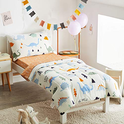 Joyreap 4 Piece Cotton Toddler Bedding Set for Kids Boys n Girls, Dinosaur Theme Cream White n Orange Reversible Design, Includes Quilted Comforter, Fitted Sheet, Top Sheet, and Pillow Case