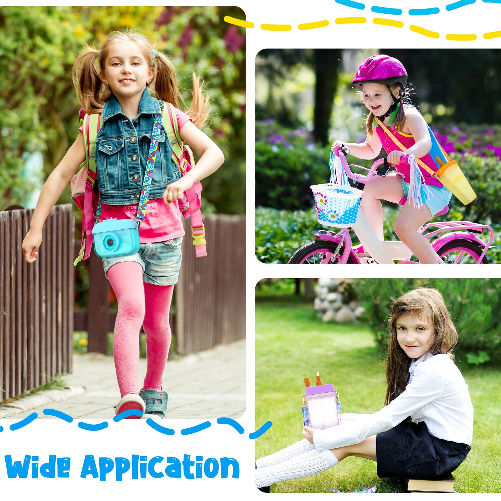 9 Pieces Cute Water Bottles with Straw Camera Ice Cream Bar Watermelon Shaped Adjustable Strap Plastic Water Bottle Leakproof Kawaii Water Bottle Plastic Fruit Water Cups for Kids School Girls Travel