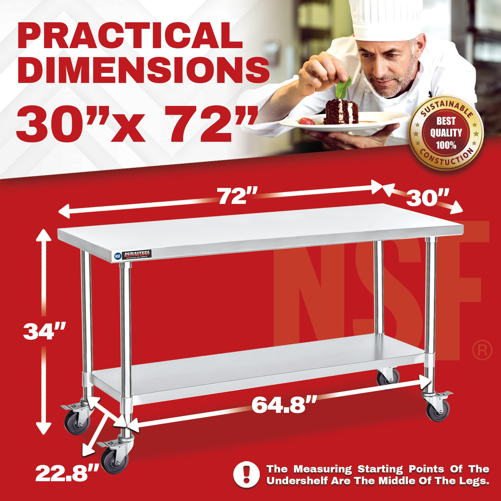 DuraSteel Food Prep Stainless Steel Table - 30 x 72 Inch Metal Table Cart - Commercial Workbench with Caster Wheel - NSF Certified - For Restaurant, Warehouse, Home, Kitchen, Garage,Silver