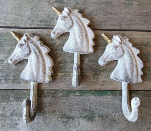 Vintage 3 Cast Iron Unicorn Towel Hanger Coat Hat Hooks Key Rack Hook Mythological