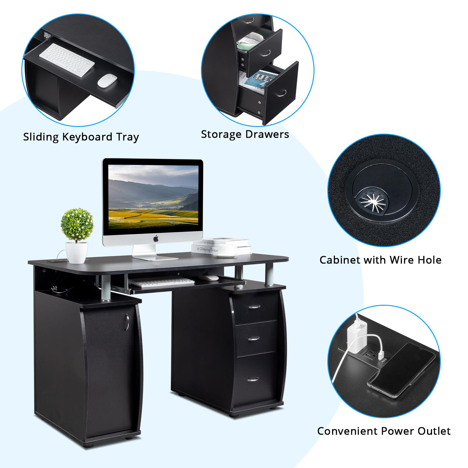 45inch Computer Desk with 3 Drawers Writing Home Office Workstation Modern PC Laptop Workstation Writing Desk Table with Keyboard Tray for Bedroom