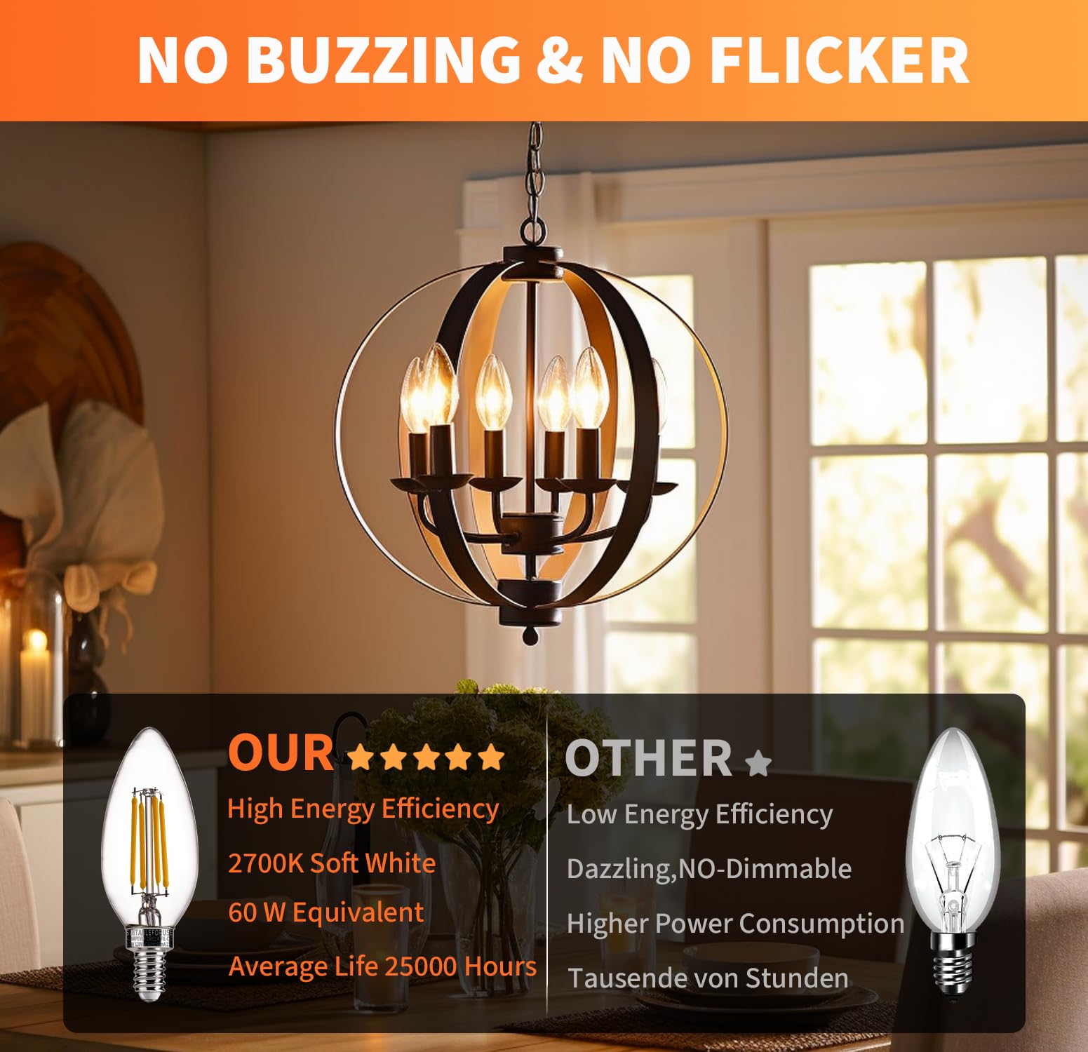 ALAMPEVER Chandelier Light Bulbs, 60W Equivalent Candelabra Bulb, E12 LED Bulb 2700K Soft White, 450LM, Candle Light Bulbs 6 Pack