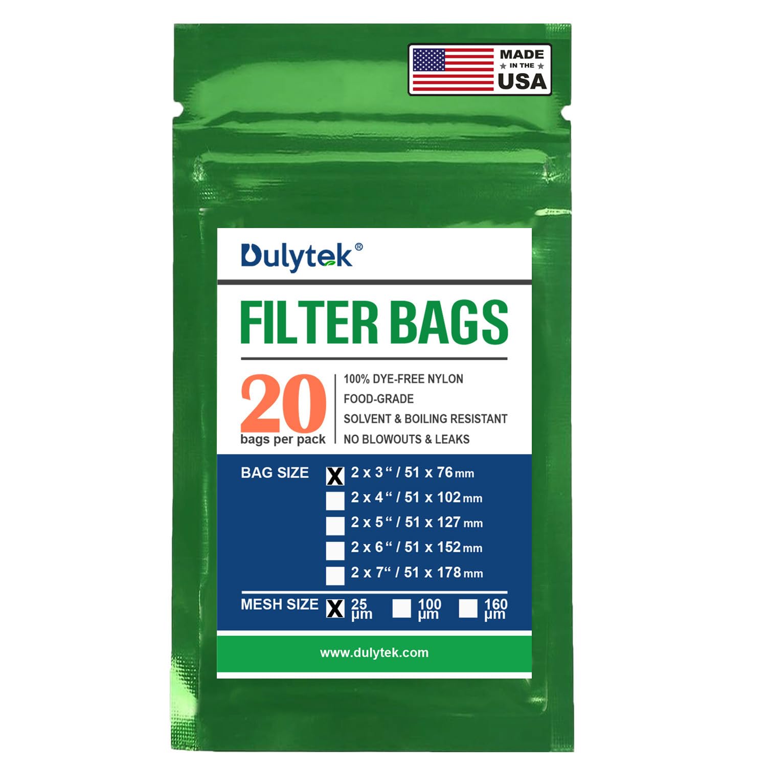 Dulytek Premium Nylon 20 Pcs Filter Bags, 25 Micron, 2" x 3", Double-Stitching, Zero Blowouts, Made in the USA