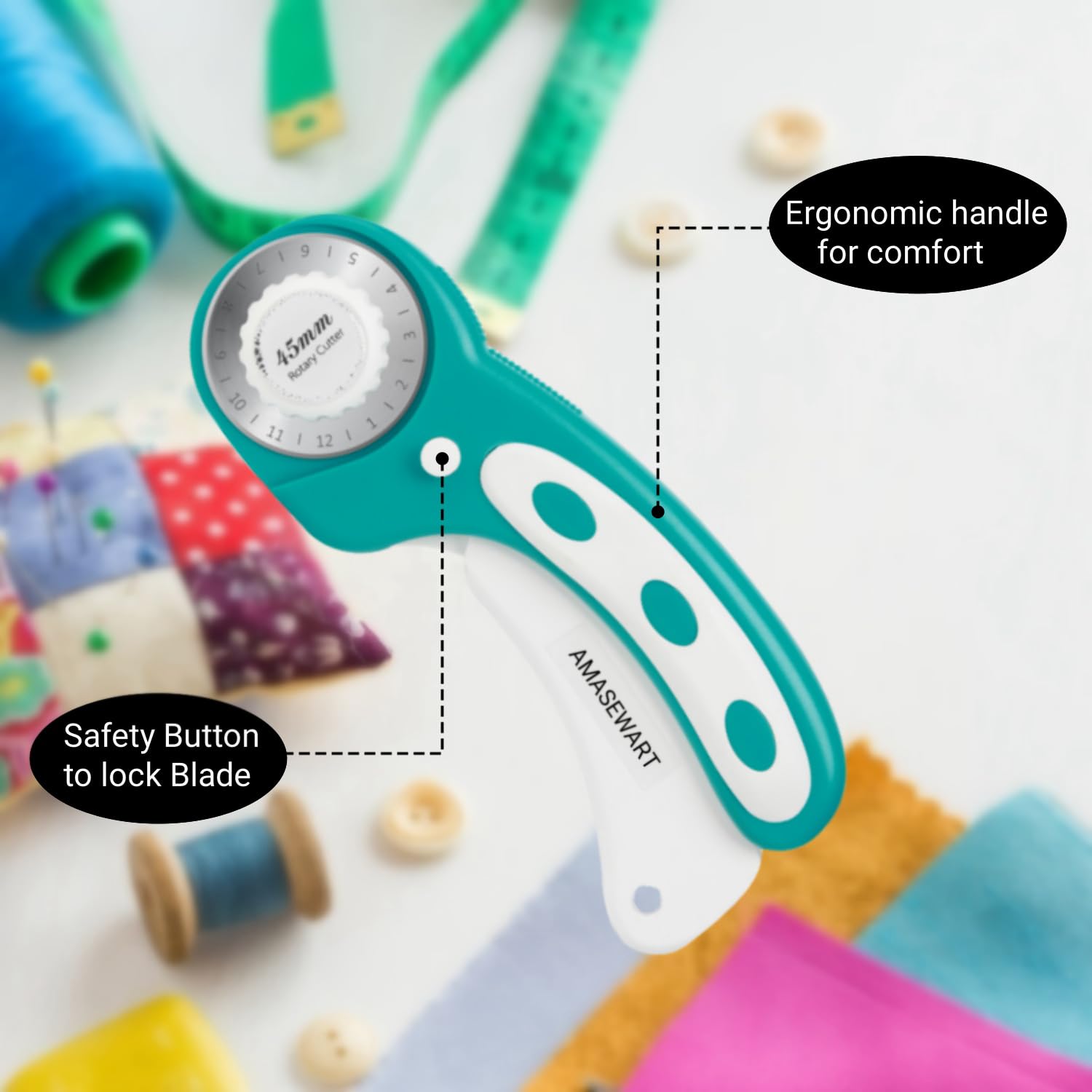 AMASEWART 45mm Rotary Cutter for Fabric with 8pcs Rotary Blades, Rolling Fabric Cutter Crochet Edge Skip Stitch Blade Perforating Rotary Cutter, Pinking Rotary Cutter for Quilting Crafts Sewing