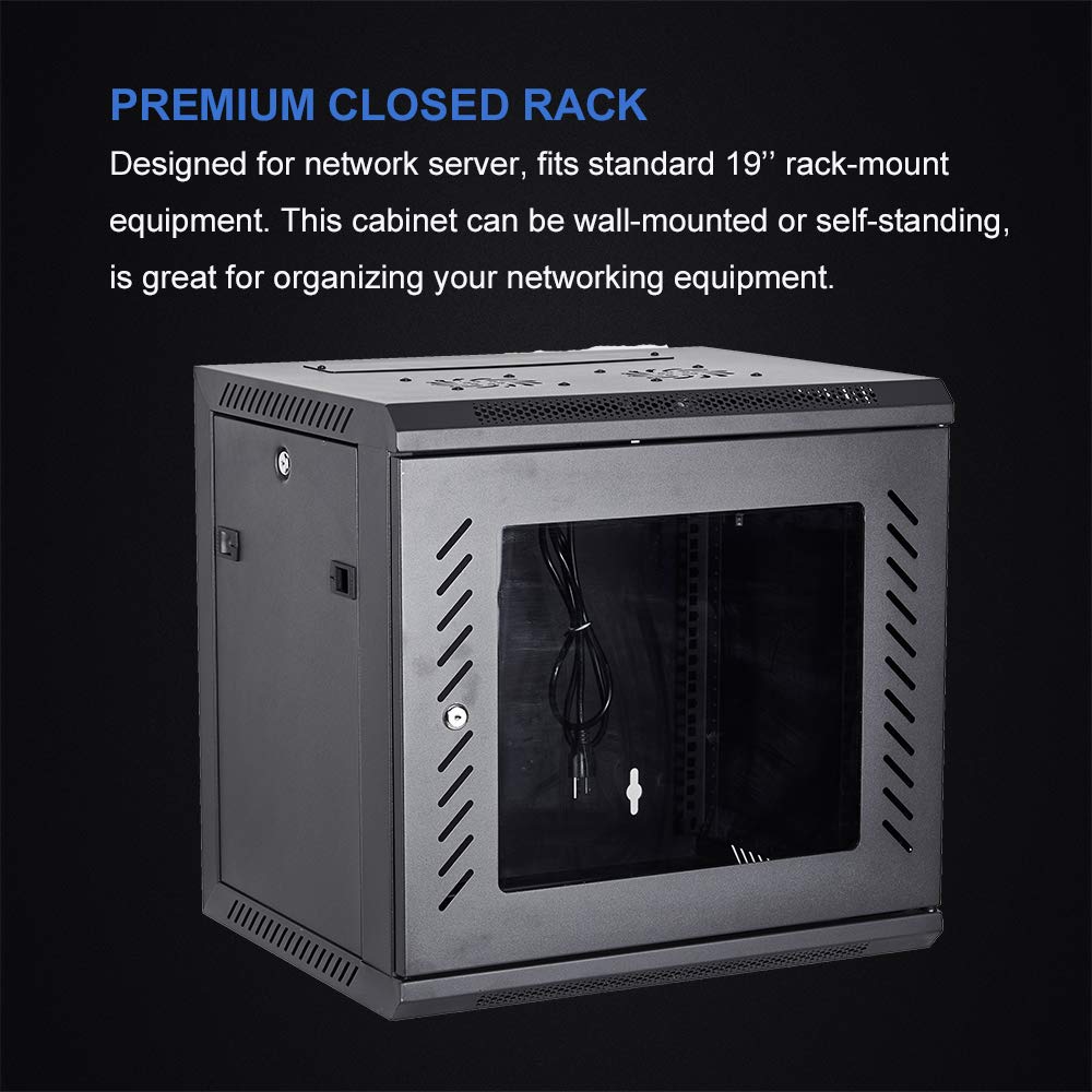 KENUCO 9U Wall Mount Rack Server Cabinet Data Network Enclosure 19-Inch Server Network Rack with Locking Glass Door 16-Inches Deep (Black 9U)