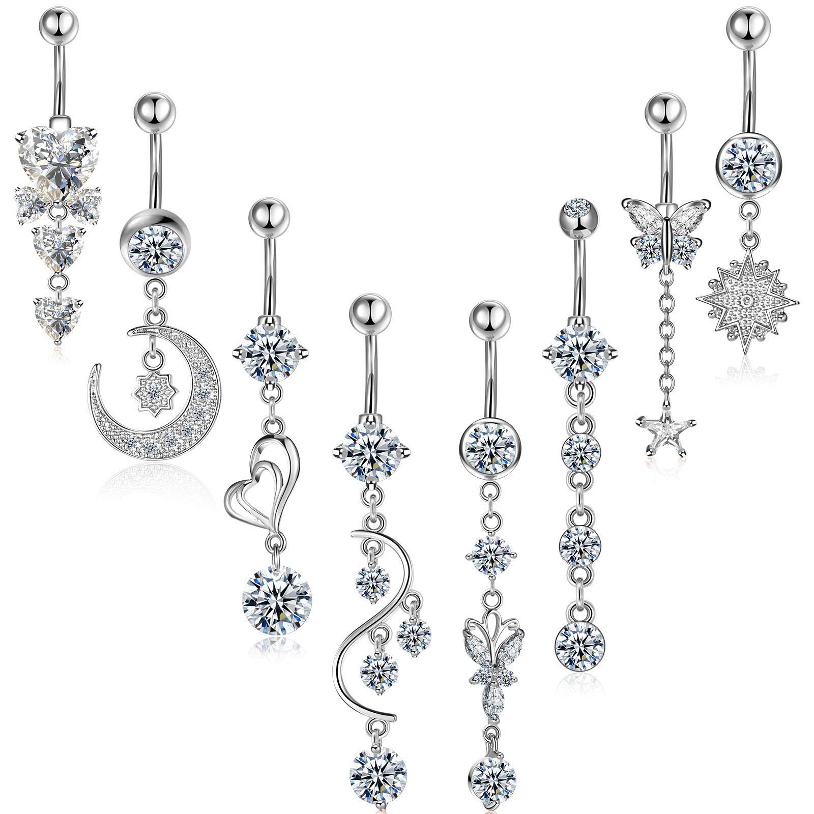 8 Pieces 14G Belly Button Rings Steel Long Dangle Navel Ring CZ Body Piercing Jewelry (Silver)