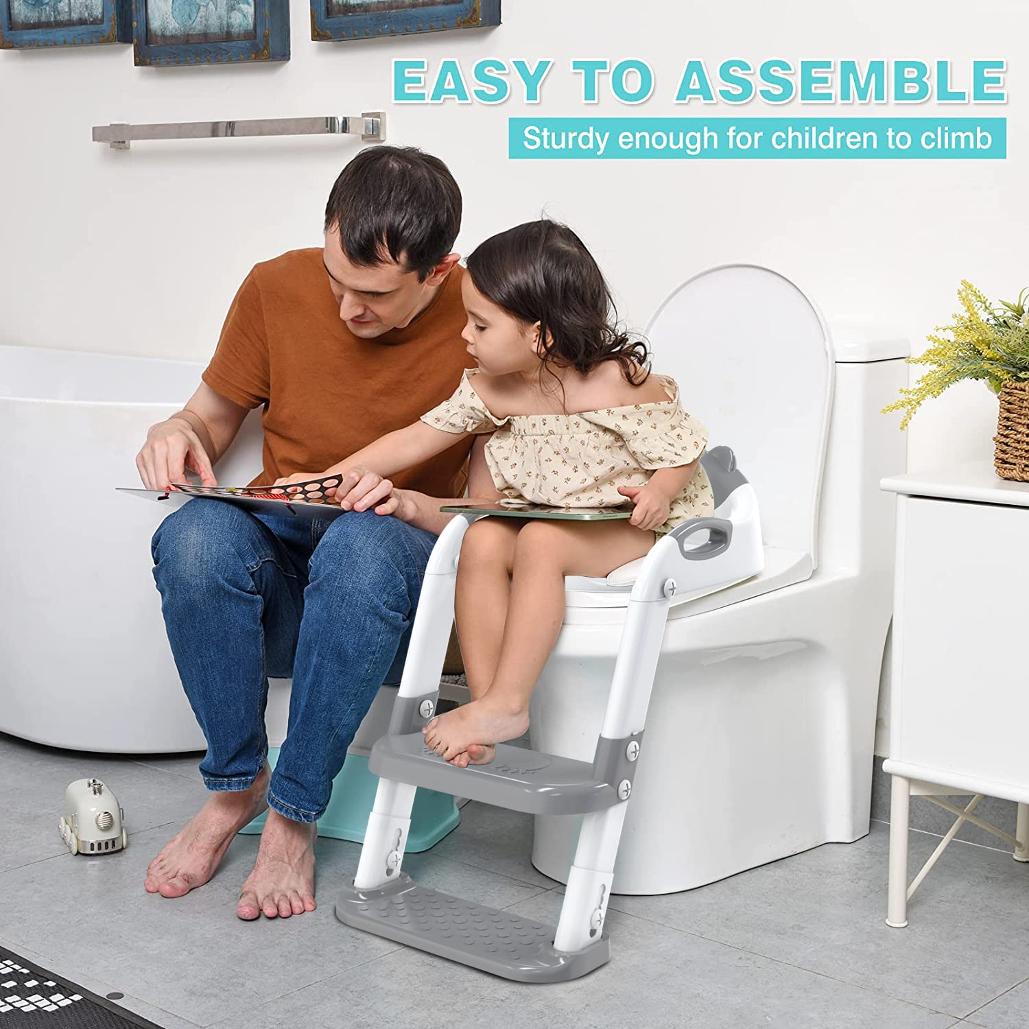 711TEK Potty Training Seat with Double Step Stool Ladder - 2022 Upgraded Version Potty Training Toilet, More Slip Resistant and Stable(Bear-Grey)