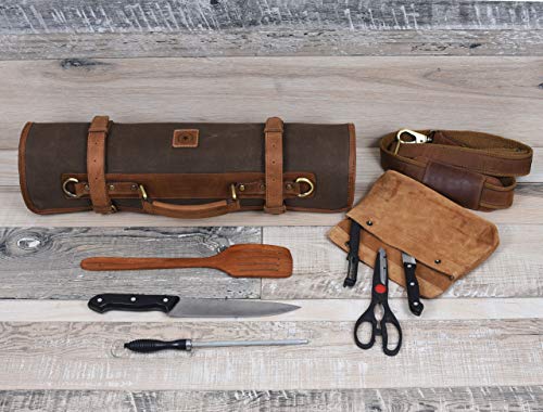 Aaron Leather Goods Leather Knife Roll With Storage Bag, Elastic and Expandable 10 Pockets, Adjustable/Detachable Shoulder Strap, Travel-Friendly Chef Knife Case (Green, Canvas)