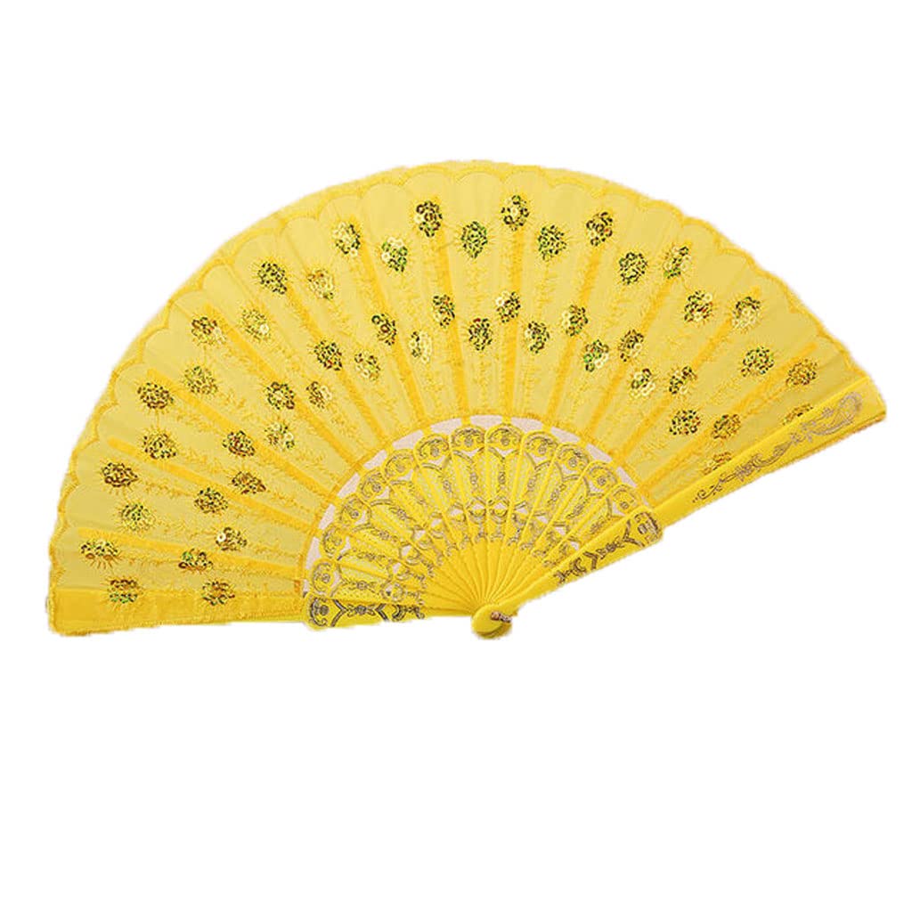 AAPIE Folding Fan Silk Hand Fan Folding Fan Embroidery Sequin Handheld Fan Hand Fan with Pendant Gift Costume Accessories Wedding Party Decoration for Women