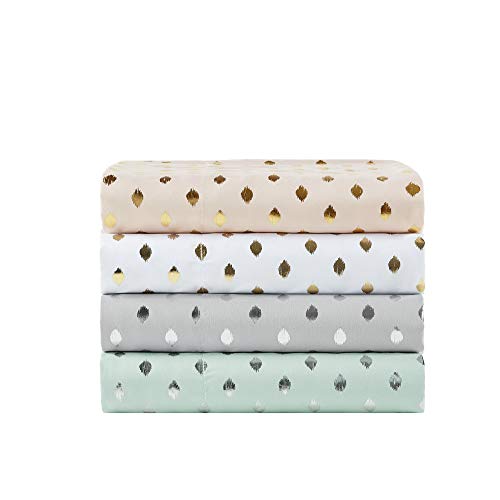 Intelligent Design Microfiber Cozy Bed Sheet Set, Modern All Season Bedding & Pillowcases, Premium 14" Elastic Pocket Fits up to 16" Mattress, Queen White/Gold Metallic Dot 4 Piece