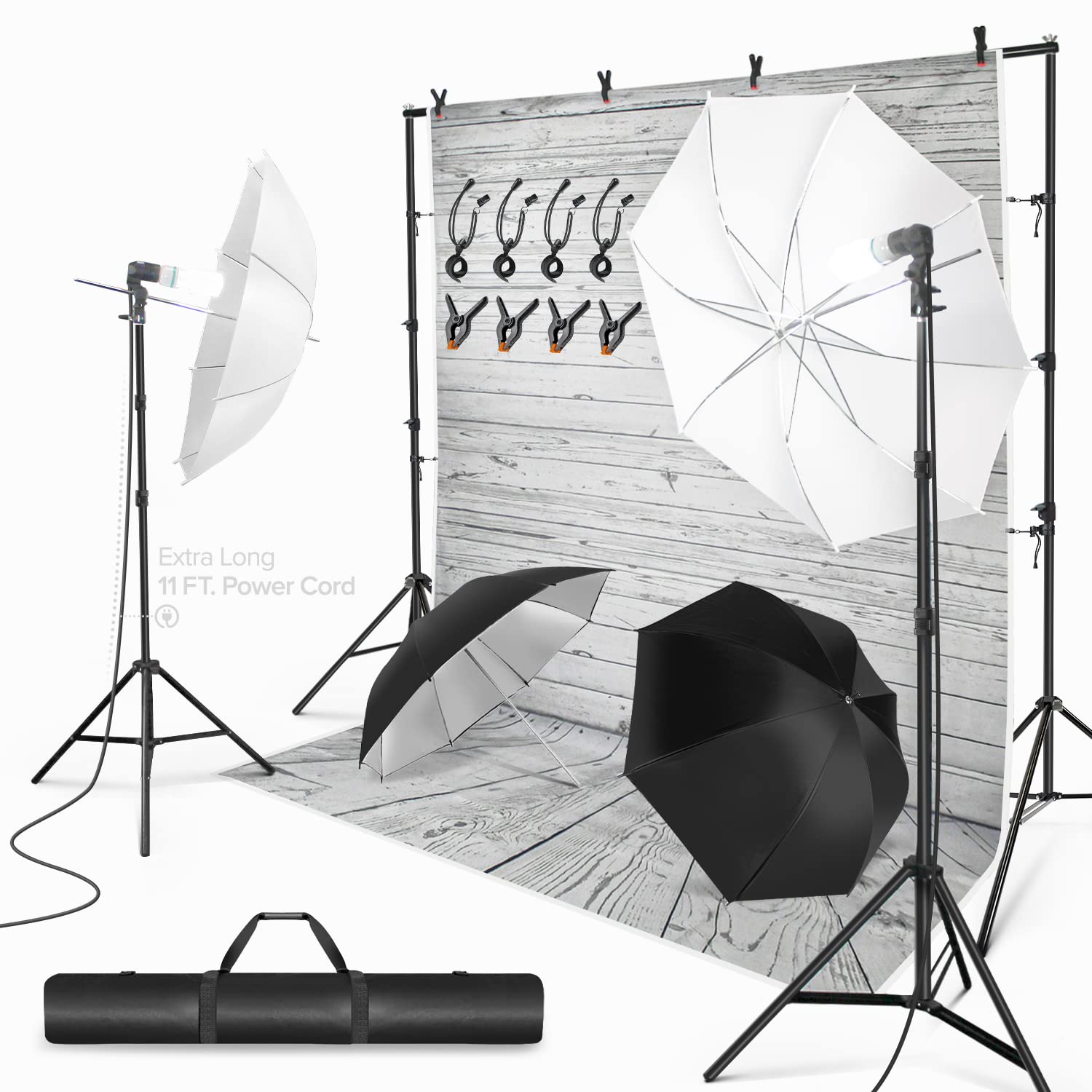 Julius Studio White Wood Backdrop with LED 1600W 5600K Umbrella Lighting Kit, 10 x 10 ft. Backdrop Stand Frame with Length Adjustable, White & Black Umbrella Reflector JSAG355