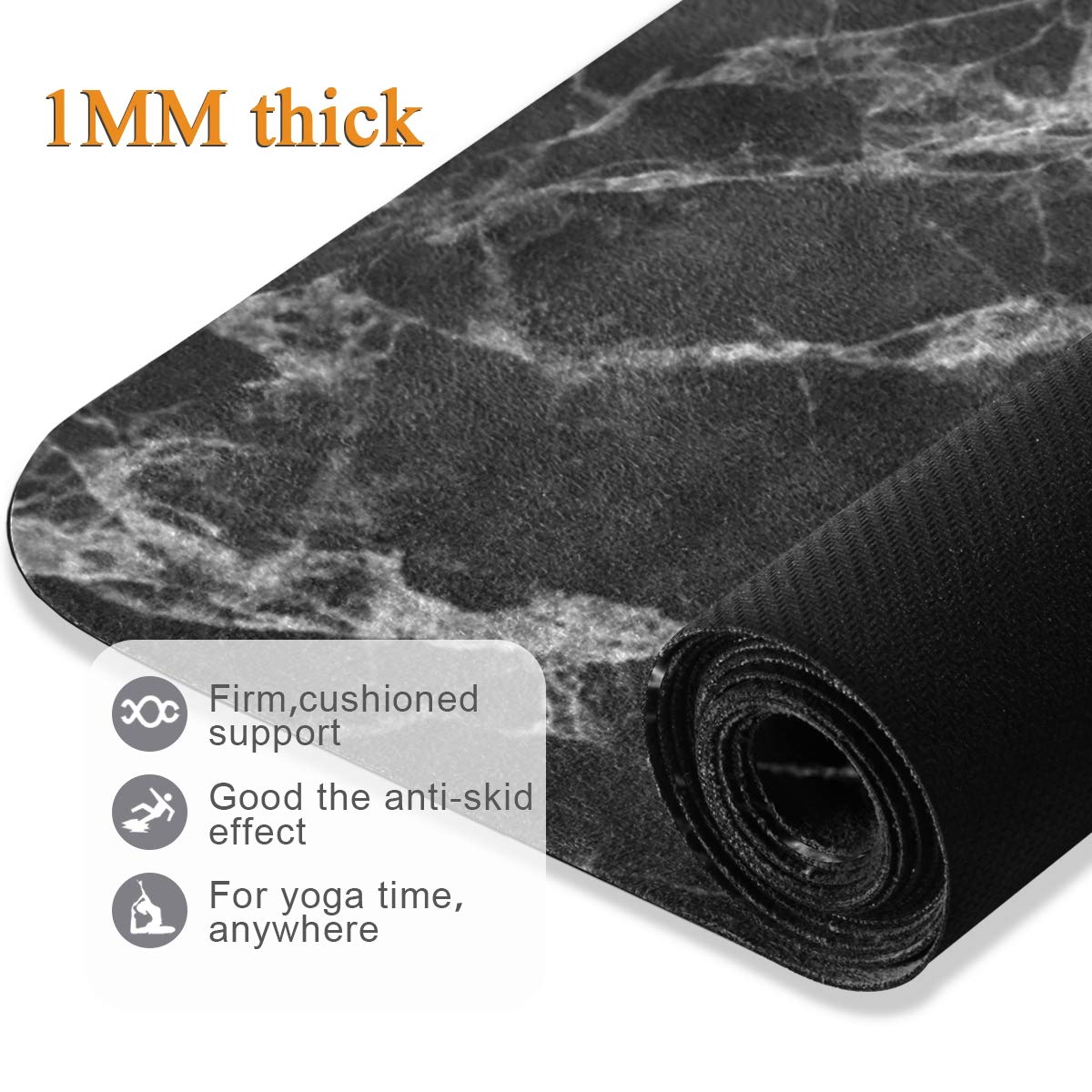 Aflyko Marble Black Yoga Mat Workout 1-mm Thick Fitness Mats for HIIT Pilates Cardio Exercises 71" × 26"