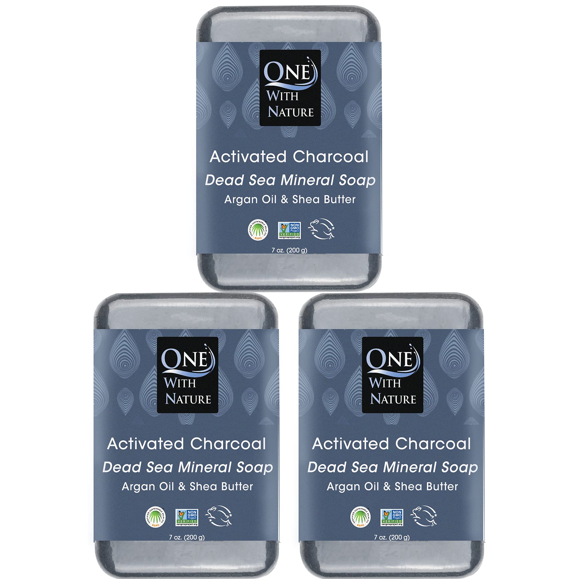 One With Nature Dead Sea Salt Activated Charcoal Soap 7oz 3Pack, Black Bar Soap Detoxifying Body Wash Soap Bar & Face Soap Vegan Men Soap with Shea Butter 100% Natural Soap for Men & Women Soap Bar