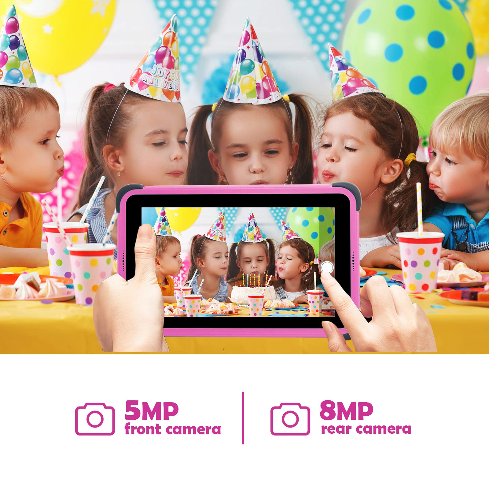 8 inch Kids Tablet Android Tablets for Kids,AX WiFi 6,1280x800 IPS HD Display,2GB RAM 32GB ROM TF 256GB Toddlers Tablet with Parental Control,5+8MP Camera,WiFi,with Kids-Tablet Case and Stand (Pink)