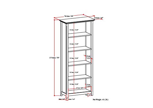 SIMPLIHOME Amherst SOLID WOOD 70 inch x 30 inch Transitional 5 Shelf Bookcase in Hickory Brown with 5 Shelves, for the Living Room, Study and Office