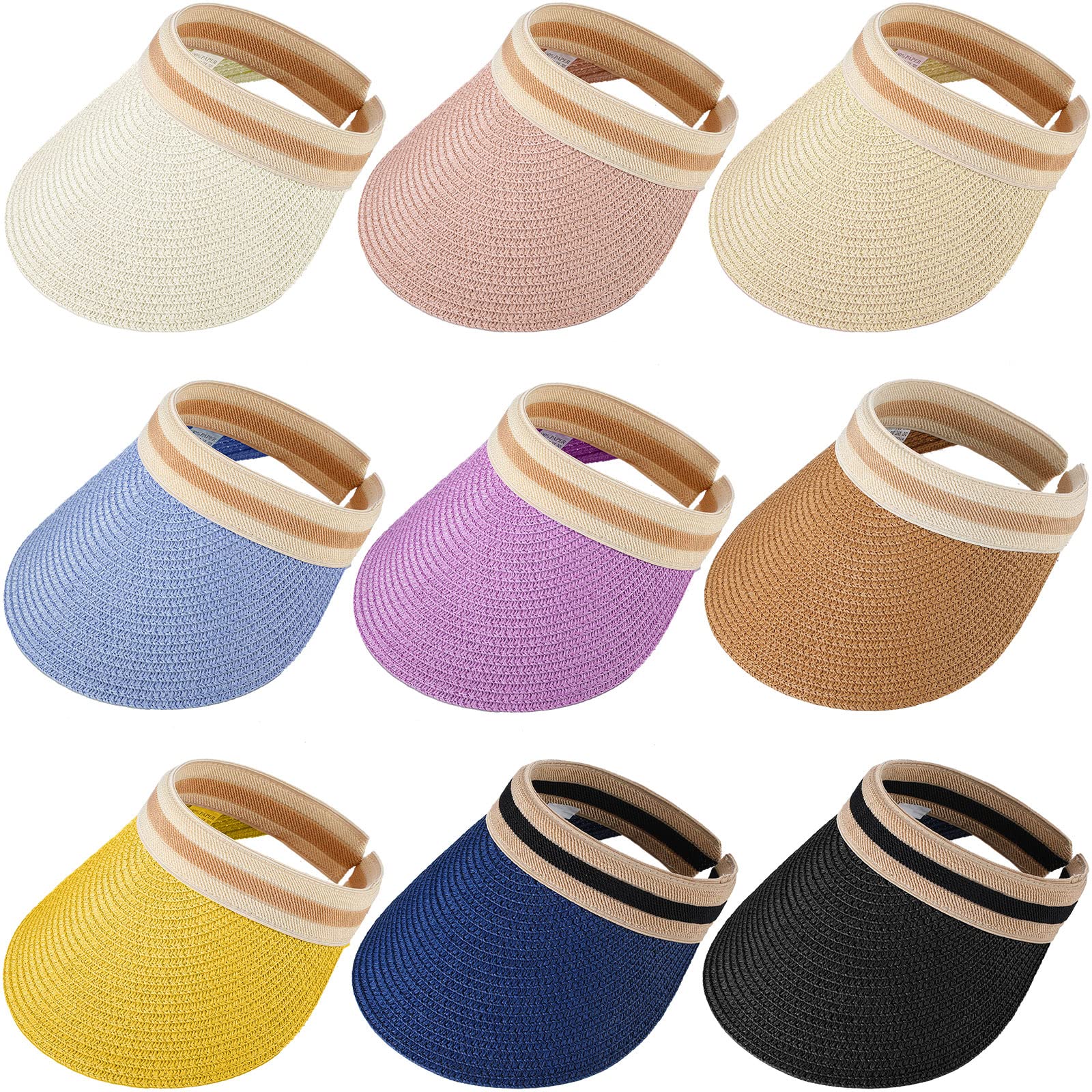 9 Pieces Straw Visors for Women Bulk Wide Brim Sun Visor Hats UV Protection Sun Visors Hats for Summer Beach Golf Outdoor Activities