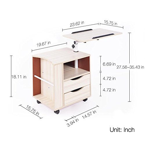 Emall Life Upgraded Multifunctional Height Adjustable Overbed End Table Wooden Nightstand with Swivel Top, Storage Drawers, Wheels and Open Shelf, 3 Colors (Black Walnut)