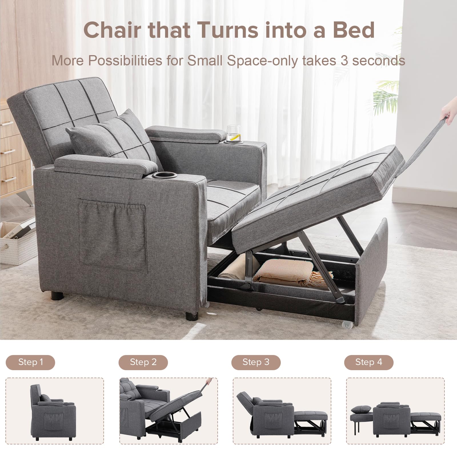COMHOMA Convertible Sleeper Chair Bed, Armchair Bed Sleeper with Cup Holders, 3-in-1 Single Convertible Chair, Futon Chair Bed with Side Pocket, Pull Out Sleeper Bed for Living Room(Grey)