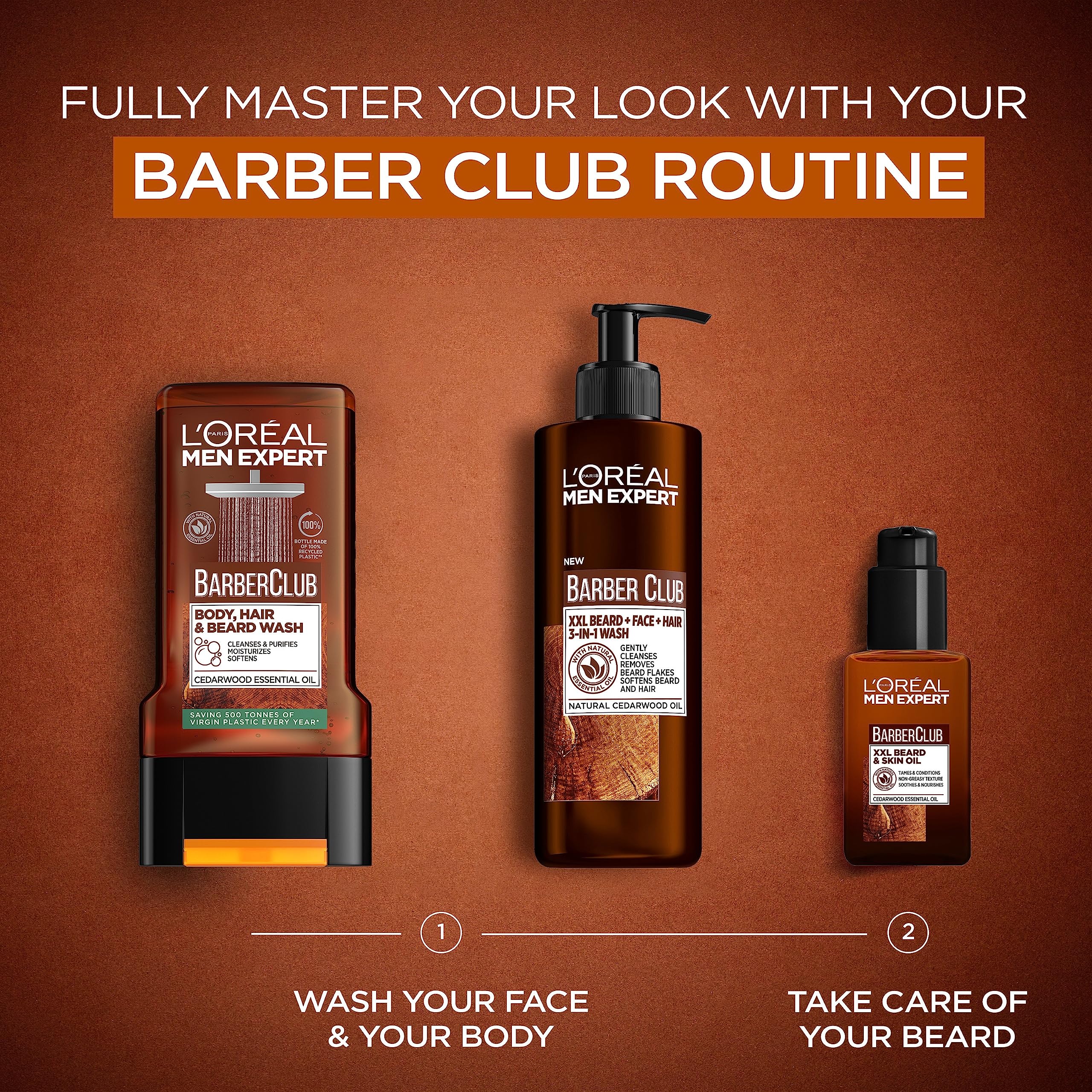 L’Oréal Paris Men Expert Cleansing 3-in-1 Beard, Face & Hair Wash 200ml, Barber Club Wash With Cedarwood Essential Oil, Deeply Cleanses and Removes Beard Flakes