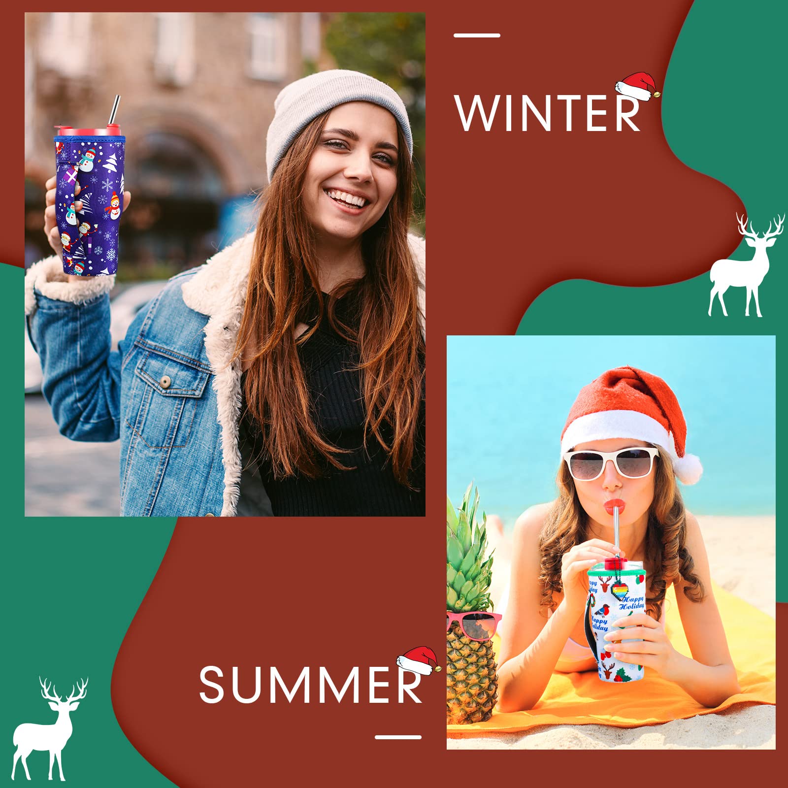 7 Pieces Christmas Coffee Sleeve Cup Reusable Iced Coffee Sleeve Insulator for Drinks Xmas Sleeve Mugs Cover Holders Santa Coffee Sleeve Tumbler Gift for 30 oz Cold Hot Beverages Milk Water