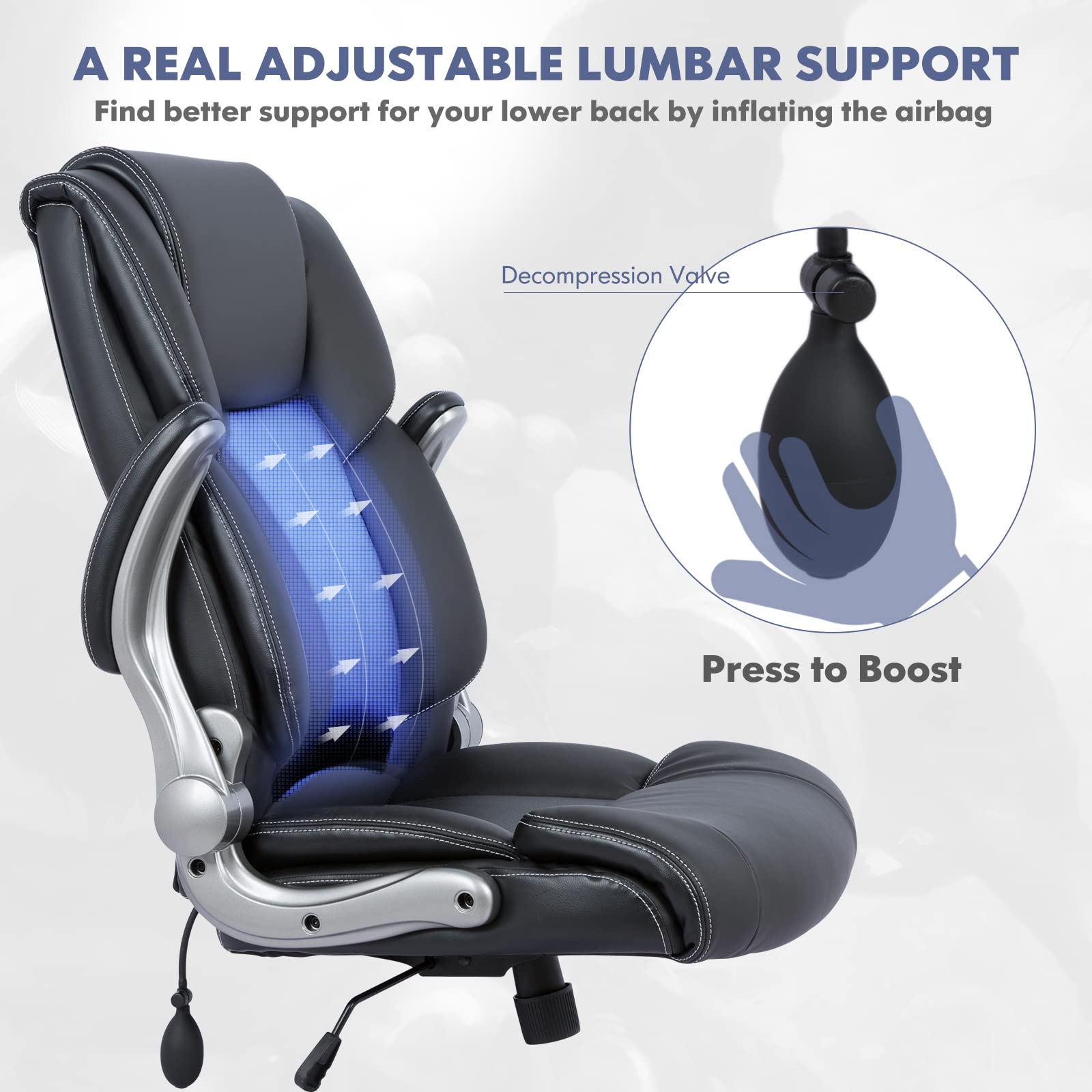 High Back Executive Office Chair- Ergonomic Home Computer Desk Leather Chair with Padded Flip-up Arms, Swivel Rolling Chair for Adult Working Study-Black