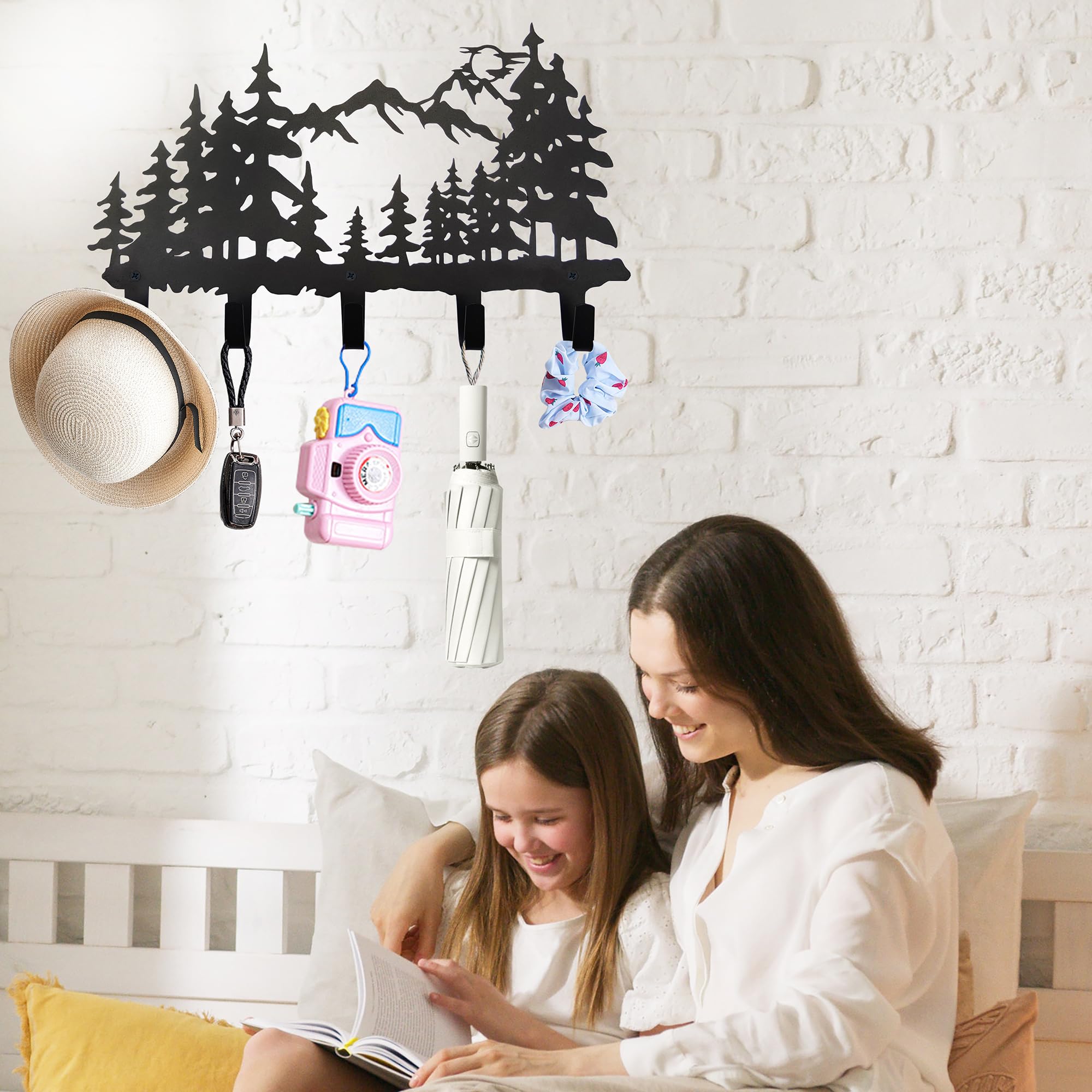 VIVICOMFY Metal Tree Coat Hooks Wall Art Decor-Tree Hangers and Key Holder-Clothes Rack and Backpack Hanger-Forest Theme Hooks Sweet Home Decor for Storage, Living Room, Hallway, Office (Black)