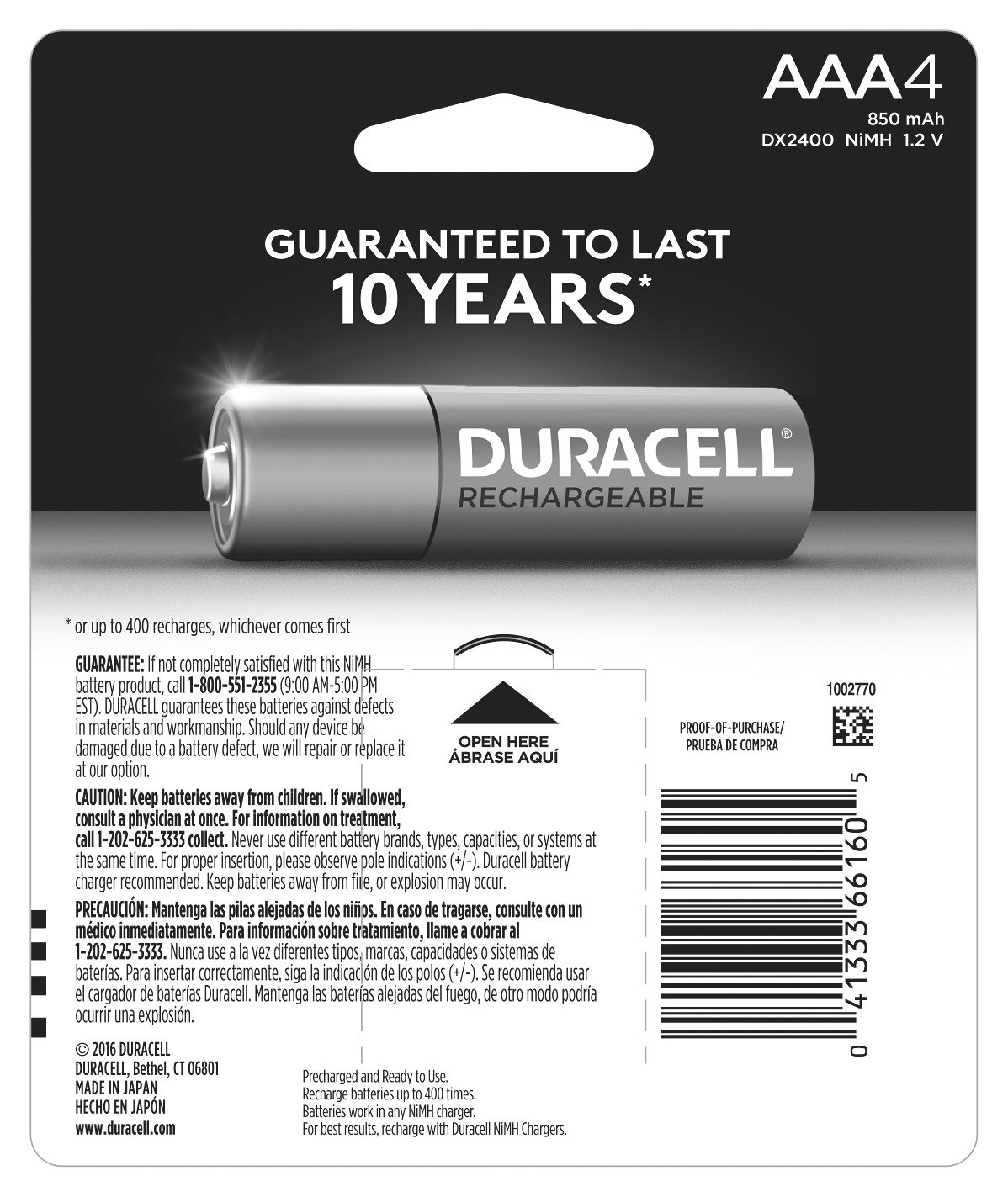Duracell - Rechargeable AAA Batteries - long lasting, all-purpose Triple A battery for household and business - 4 count