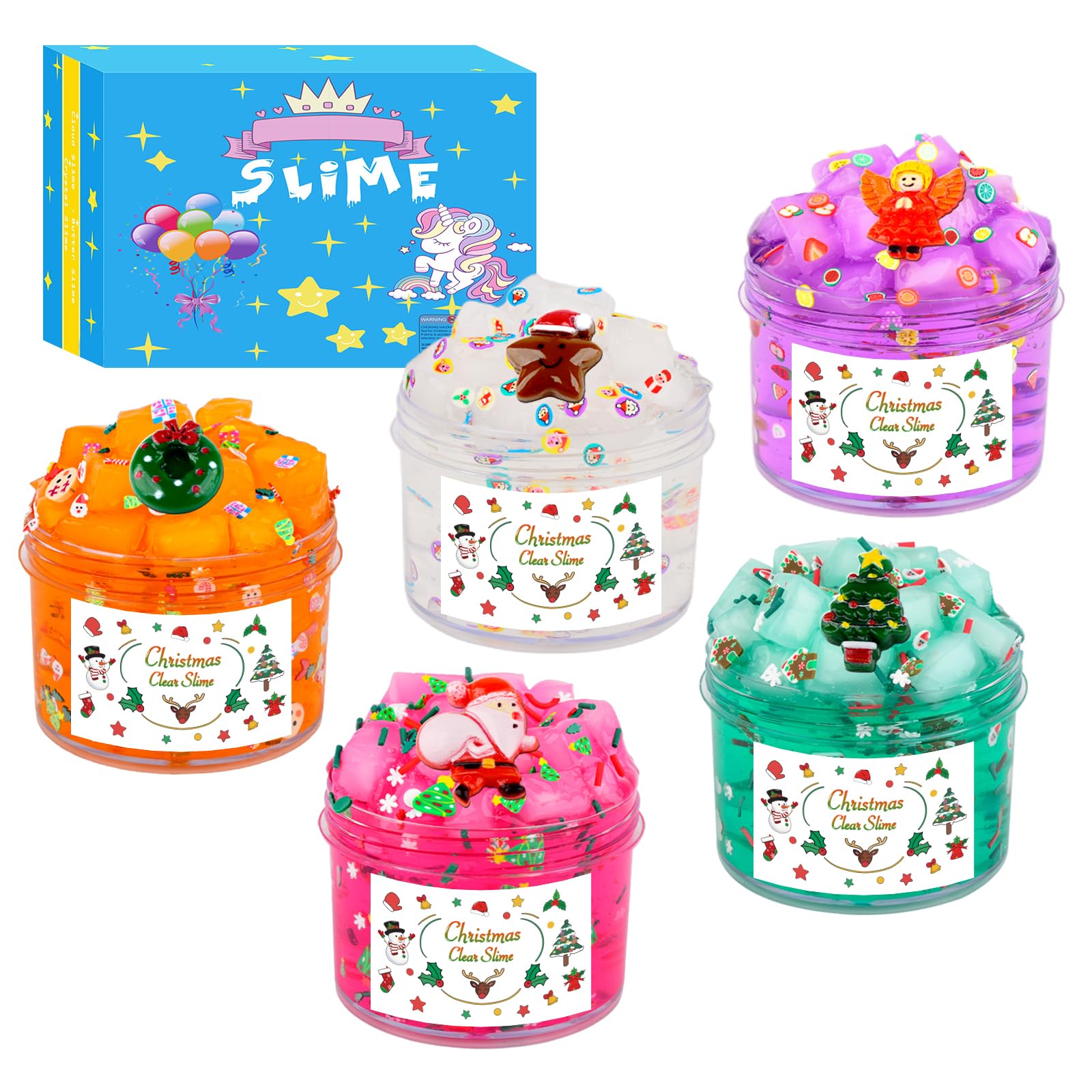 5 Pack Jelly Clear Slime Kit,Cute Toys and Stickers,Super Soft and Non-Sticky, Party Favors and Stress Relief Toy for Girls and Boys,DIY Slime Toy for Kids