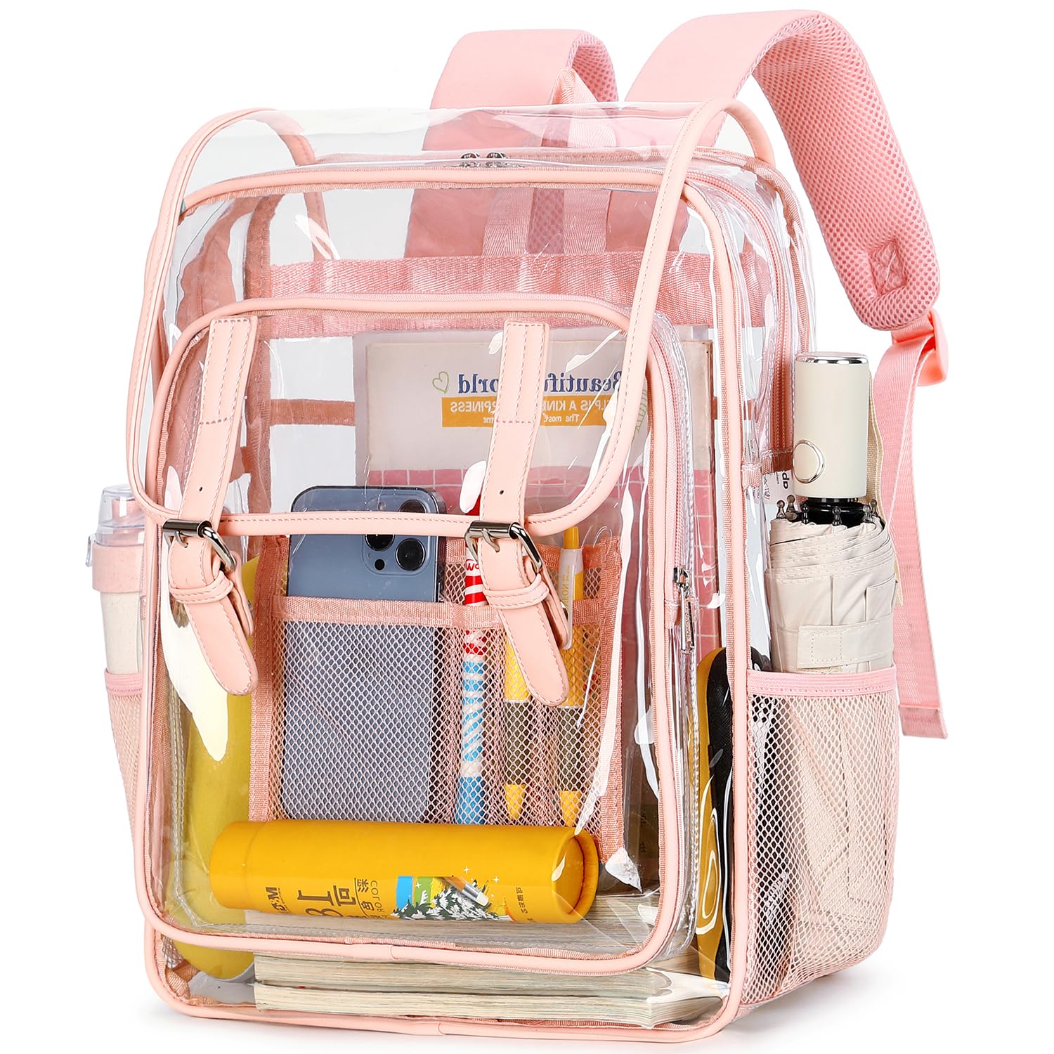 abshoo Transparent Clear Backpack Heavy Duty Backpack For School Teen Girls Women Clear Bookbag (Pink)