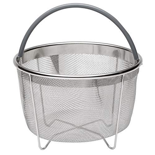 717 Industries Steamer Basket, Stainless Steel Mesh Strainer Compatible with Instant Pot and Other Pressure Cookers, Fits 6 & 8 Quart Pots (Grey Silicone Handle)