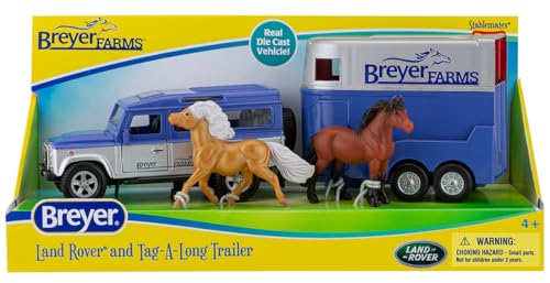 Breyer Horses Farms Land Rover and Tag-a-Long Trailer and Playset | Die Cast | 3.25” H x 10.5” L x 2.5” D | 2 Stablemates Horses Included | 1:32 Scale | Model #59216, Multi