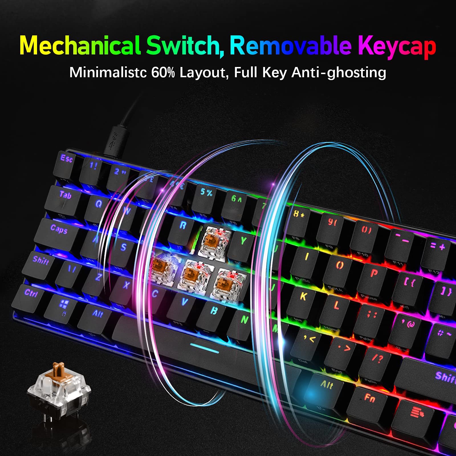 60% Mechanical Gaming Keyboard Mouse and Headset Combo with Rainbow Backlit Anti-ghosting 61 Key Adjustable Microphone 6400DPI Honeycomb Mice USB Wired for PC Mac Gamer Typist(Black RGB/Brown Switch)