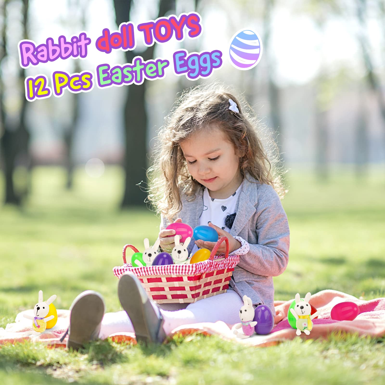 CAKKA Easter Eggs with Toys Inside, 12 Pack Prefilled Easter Eggs with Bunny Animal Plush, 3” Pre Filled Plastic Easter Eggs, Easter Fillers Stuffers Toys for Toddlers 1-3 Baby Girls