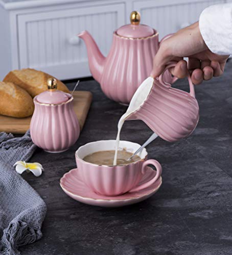 Jusalpha Fine China Pink Coffee Cup/Teacup Set, 7 OZ Cups& Saucer Service for 4, with Teapot-Sugar Bowl-Cream Pitcher Teaspoons and tea strainer for Tea/Coffee, 17-Pieces (TW Full set)