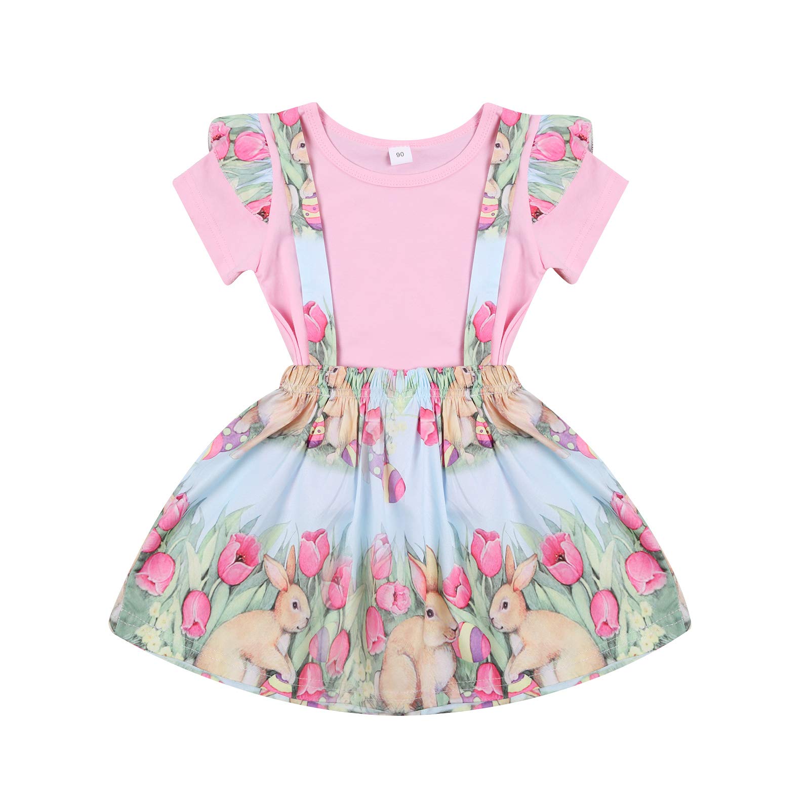 Toddler Baby Girl Easter Clothes Solid Color Short Sleeve T-Shirt Top Bunny Floral Print Suspender Skirt Outfits (Blue, 4T / 5T)