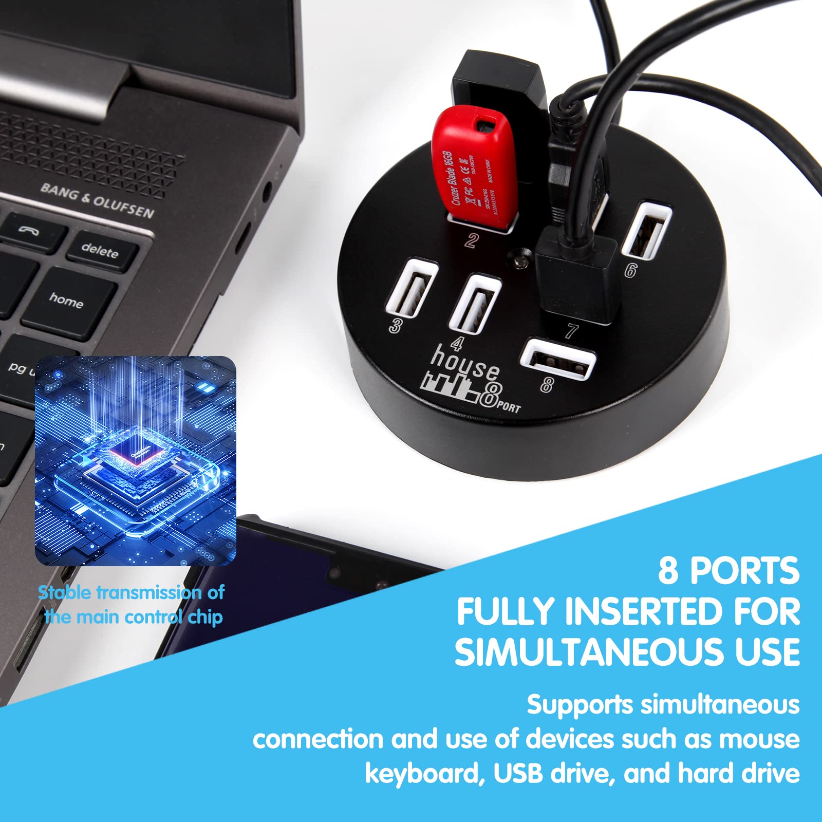 8 Ports USB Charger, Multi-Port Data Transmission Splitter, USB 2.0 Hub Round Shape Adapter with LED for Phone, USB Flash Disk, PC, Tablet, and Other USB Devices