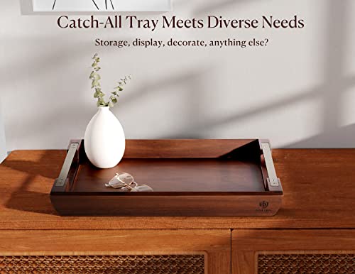 Dofira Acacia Wood Serving Tray with Metal Handles, 17x13in Food Drinks Tray for Coffee Table, Breakfast, Dinner & Bar, Rustic Decorative Storage Tray for Ottoman, Kitchen, Bedroom (Gift Packaging)