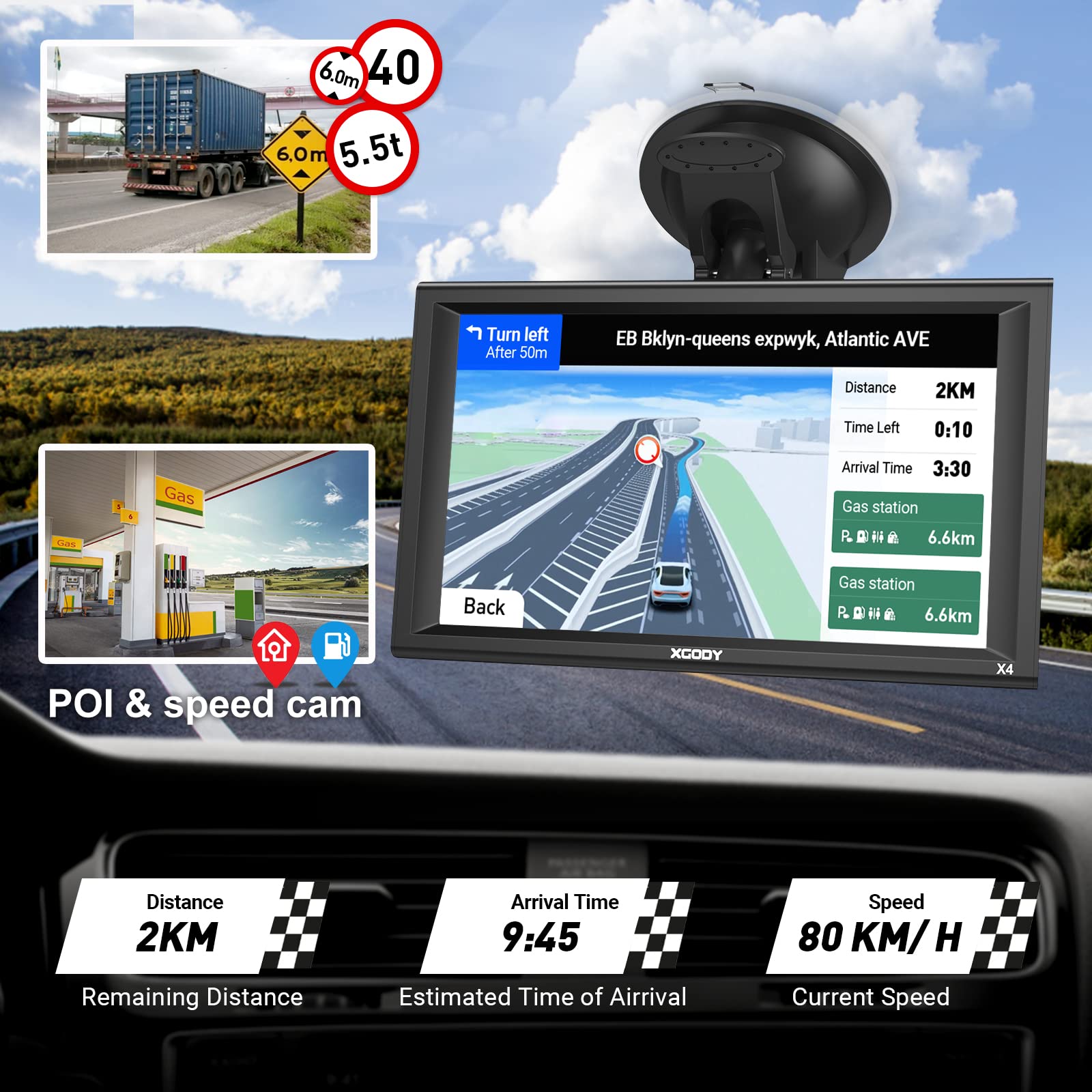 9inch Truck GPS Navigation for Car Big Touchscreen GPS Navigator Bluetooth AV-in Xgody 8GB ROM SAT NAV System Navigator Driving Alarm Lifetime map Updates