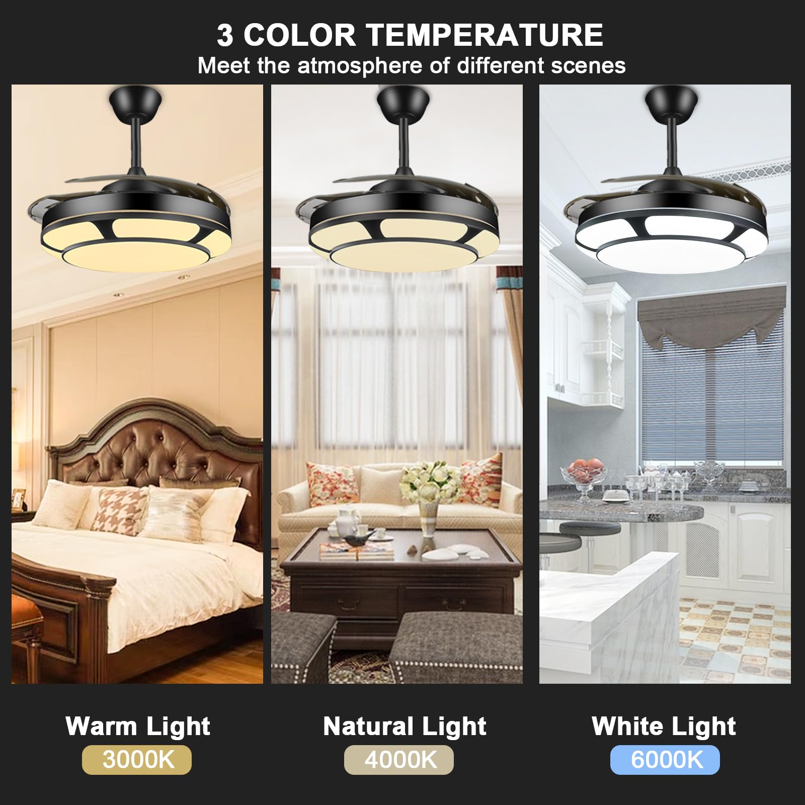 42 in Ceiling Fan,Retractable Ceiling Fans with Lights Remote Control,Ceiling Fans with Bladeless,Enclosed Fan with Dimmable Light,3 Color Ceiling Fan Light,Silent Fan Noiseless DC Motor (Black)