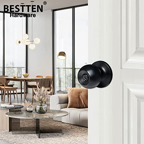 BESTTEN Matte Black Keyed Entry Door Knob, Entrance Door Lock, Standard Ball, All Metal
