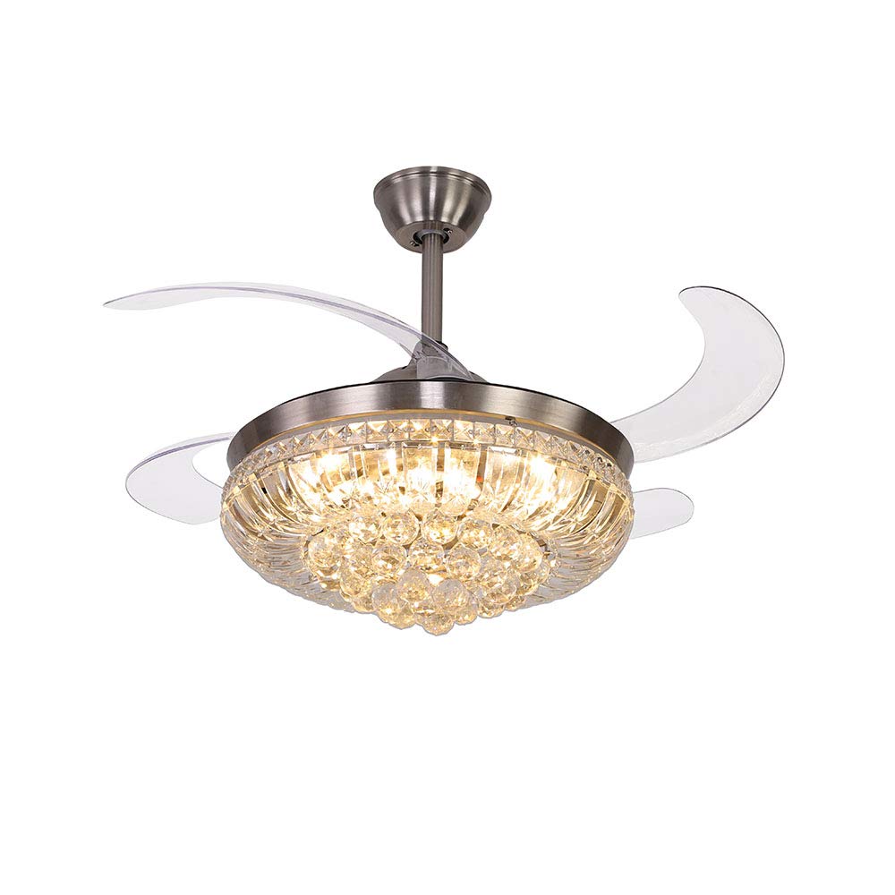 Ainfox 42" Crystal Ceiling Fan with Light, 4-Blades Chandelier Ceiling Fan with Remote Control, 3 Speeds Invisible Retractable Modern LED Fan for Living Room, 3 Light Change Timing Function
