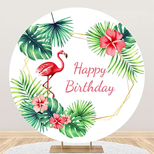 AWERT Polyester Diameter 5ft Flamingo Birthday Round Backdrop Summer Tropical Hawaiian Floral Plam Flower Photography Background Boy Girl Party Baby Shower Decorations Photo Booth Props
