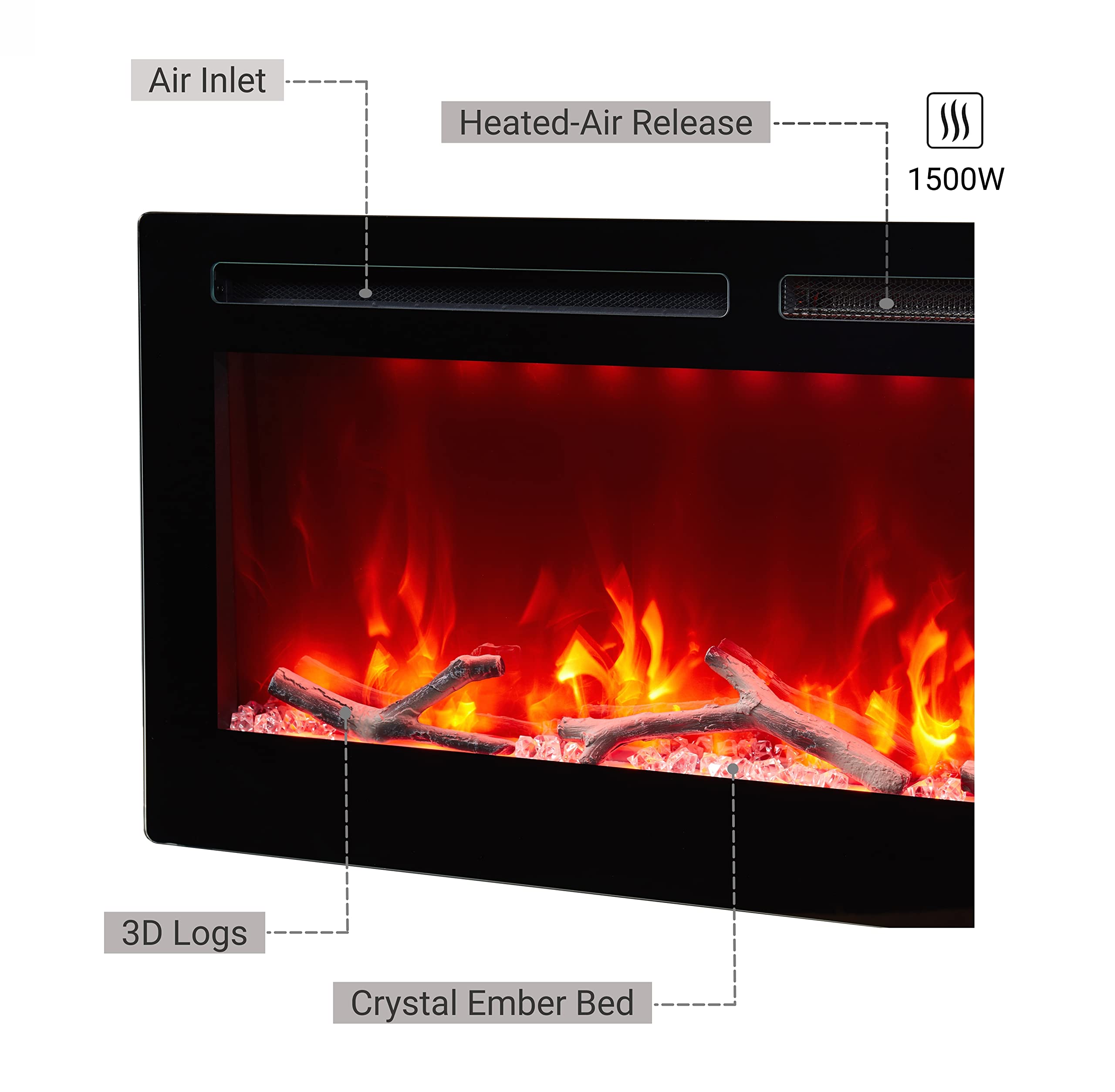 72 Inch Recessed and Wall Mounted Electric Fireplace, Fireplace Heater, Touch Screen, Remote Control with Timer, Adjustable Flame Color and Temperature 72"x18"x4.3"