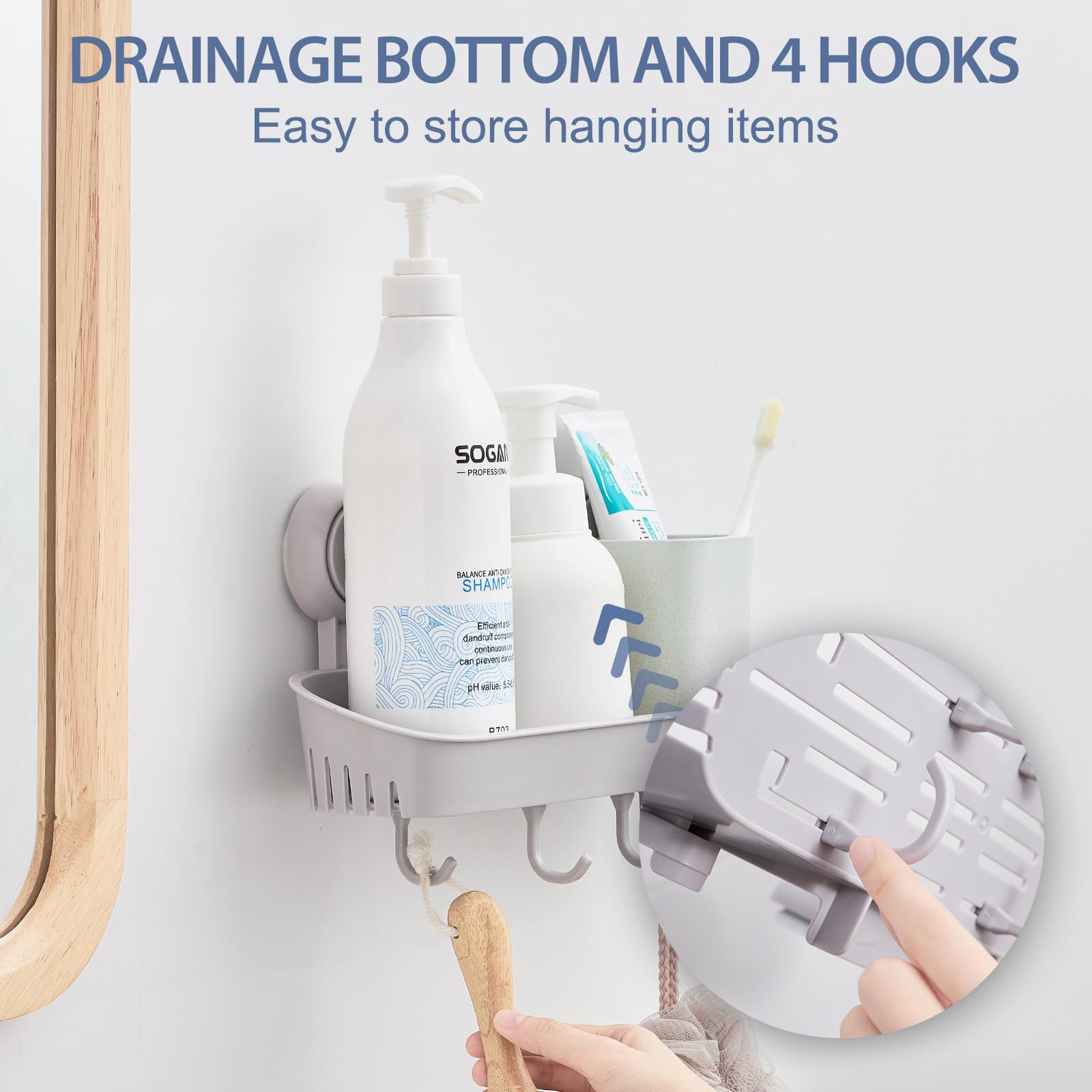 TAILINK Shower Caddy Suction Cup With 4 Hooks, Shower Basket Wall Mounted Bathroom Organizer for Shampoo, Body Wash, Conditioner, Plastic Shower Shelf for Kitchen, No Drilling & Removable, Grey