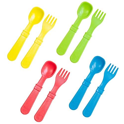 Re-Play Made in USA Toddler Forks and Spoons, Pack of 8 Without Carrying Case - 4 Kids Forks with Rounded Tips and 4 Deep Scoop Toddler Spoons - 0.2" Thick Toddler Utensils, Preschool