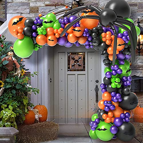 Bonropin Halloween Balloon Garland Arch kit with Black Orange Green Purple Balloons Spider Balloons, Long Balloons, 3D Bat Sticker for Halloween Theme Party Background Classroom Decorations