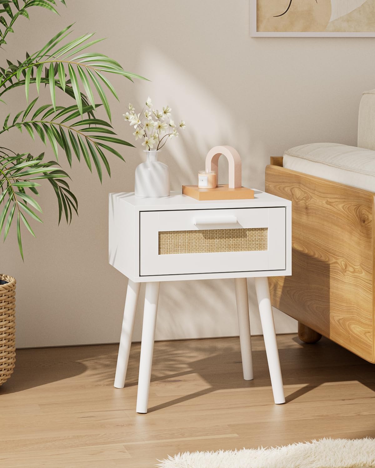 Aobafuir Bedroom Nightstands Wooden Night Stands with Rattan Weaving Drawer Home Bedside End Table for Bedroom Storage, White
